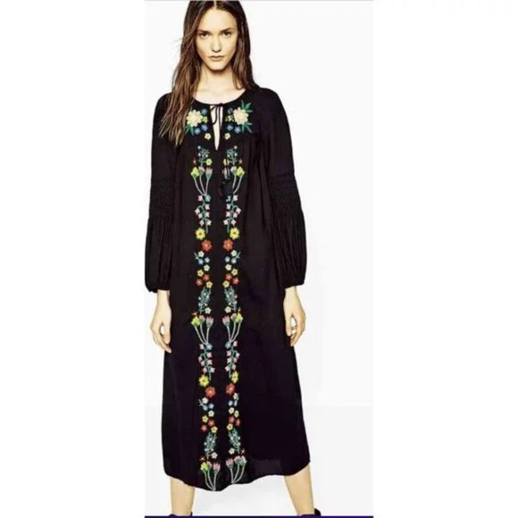 Zara | Dresses | Zara Embroidered Midi Dress Black Multi Floral Boho Kaftan Shapeless Small ...